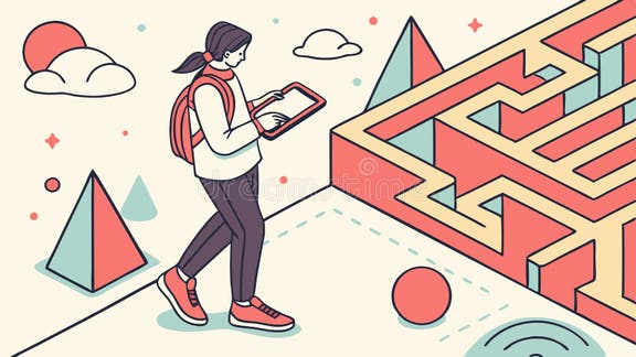 Person Navigating Digital Maze on Tablet Device, Vector Design ...