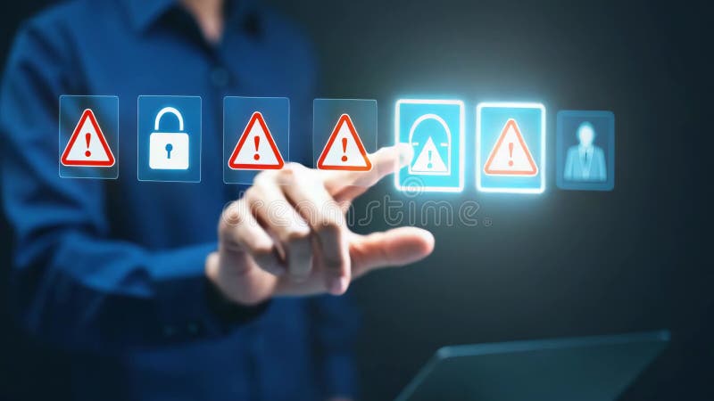 Person Navigating Digital Security Interface with Warning Symbols and ...