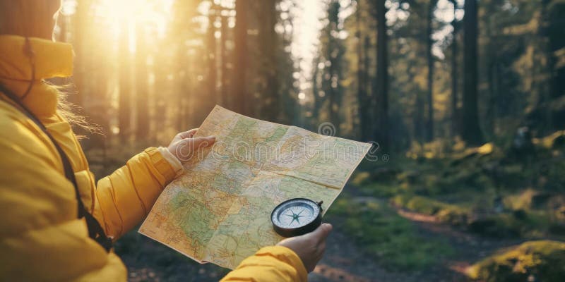 Person Navigating Forest with Map and Compass on Sunny Day for Outdoor ...
