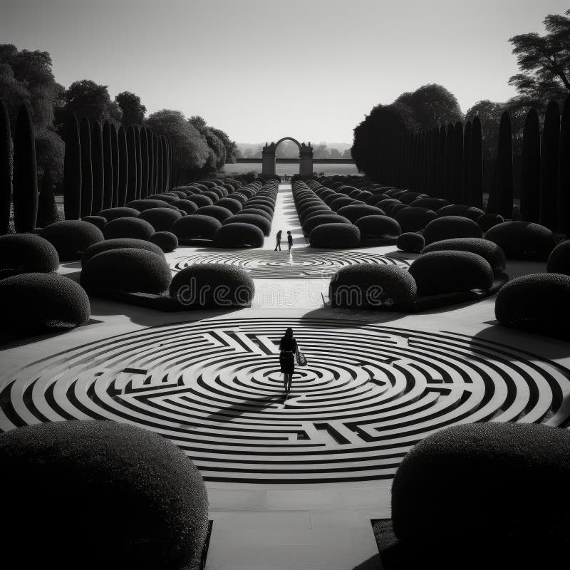 Person Navigating through a Grand, Monochromatic Maze Garden Stock ... Person Navigating through a Grand, Monochromatic Maze Garden Stock ...