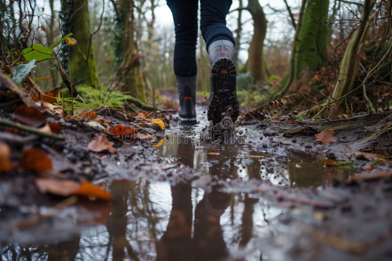 Person Navigating through Puddles on a Woodland Trail Stock Image ...