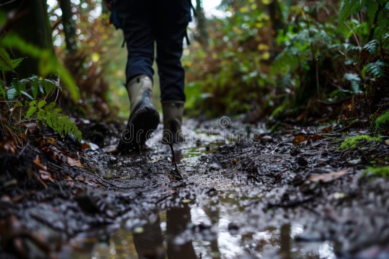 Person Navigating through Puddles on a Woodland Trail Stock Image ...