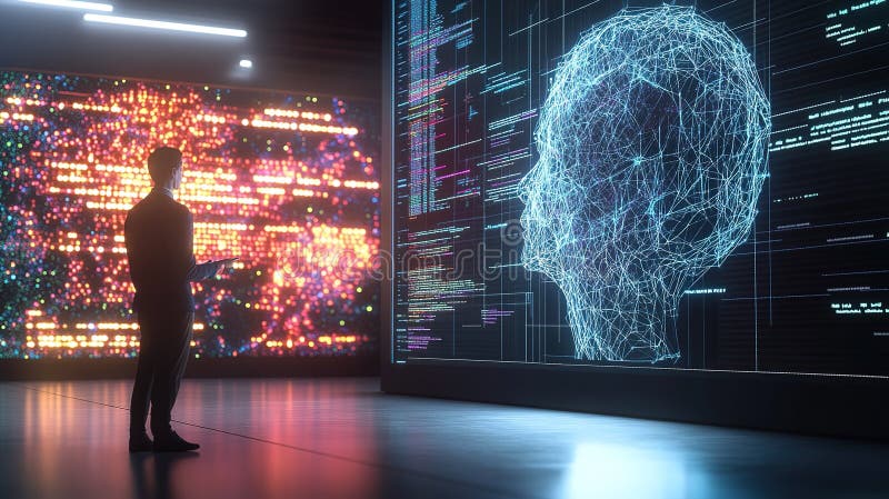 Person Coding at a Desk Surrounded by Multiple Monitors in a Modern ...