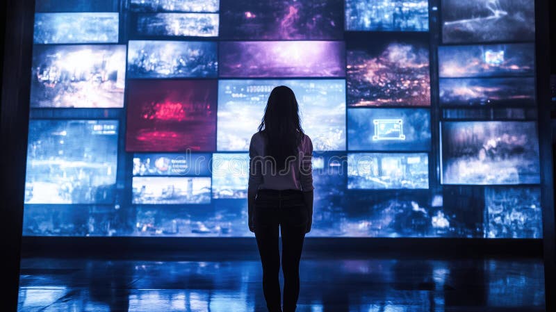 Person Observes Large Display of Digital Visuals in an Interactive Exhibition at a Modern Art ...