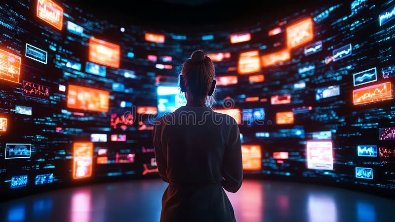A Person Observes Multiple Screens Displaying Vivid Data and Graphics ...