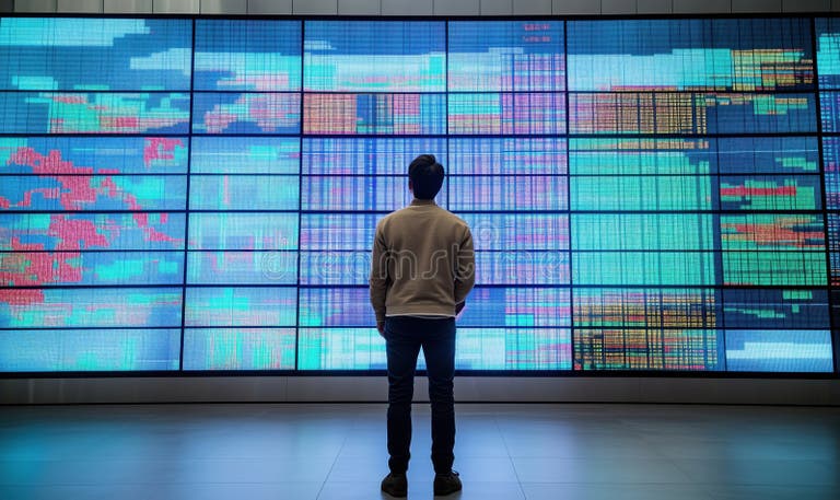 Person Observing Digital Data Visualization on Large Screen in Modern ...