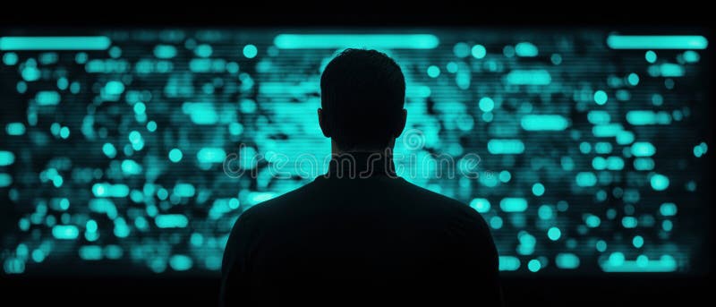 Person Observing Digital Data Visuals on a Large Screen in a Futuristic ...