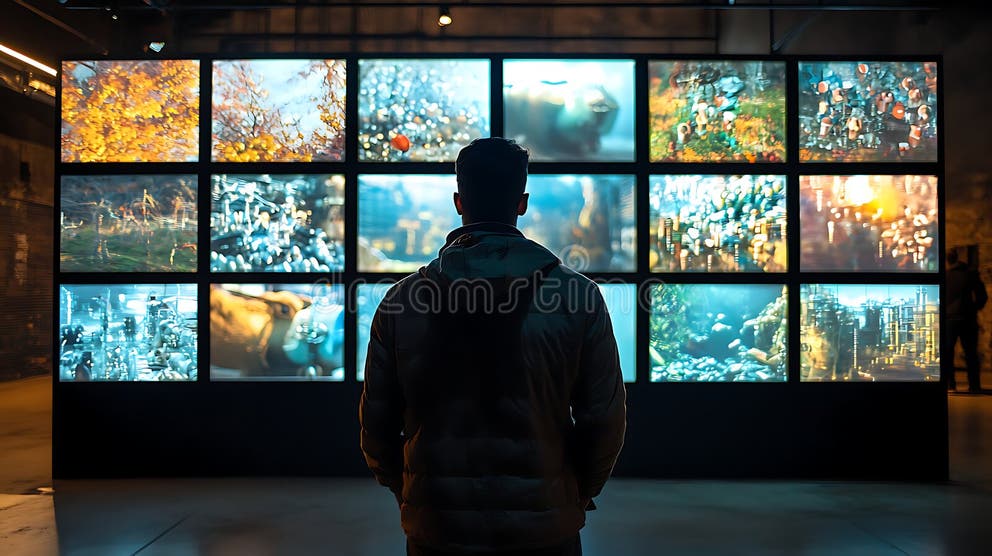 Person Observing Interactive Art Installation with Multiple Screens ...