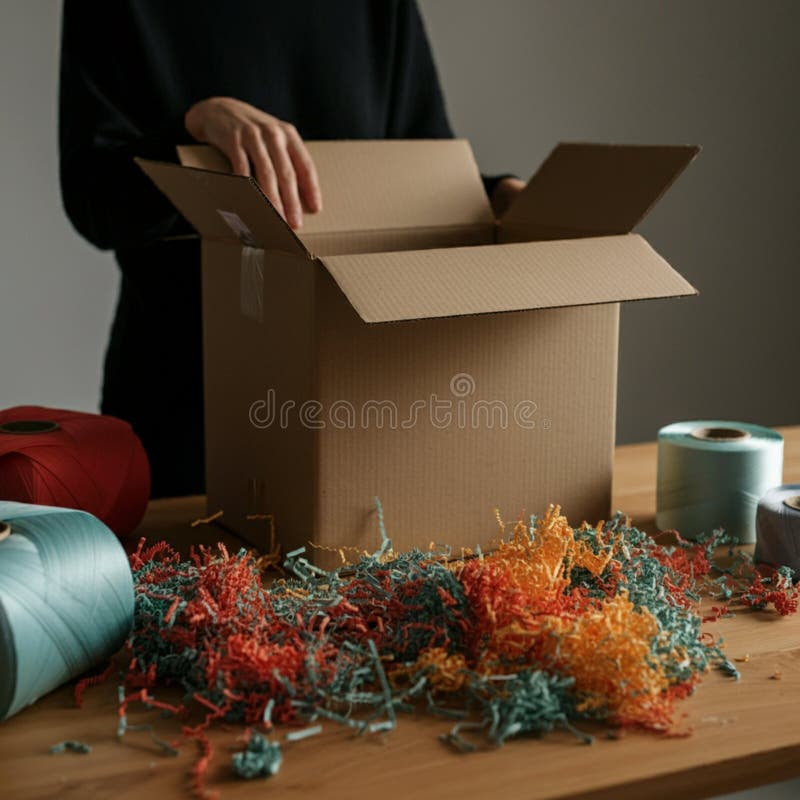 AI-Generated Image: Person Opening Cardboard Box with Colored String ...