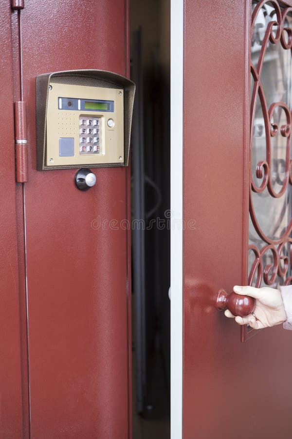 Person Opening Steel Heavy Door After Intercom Communication Stock ...