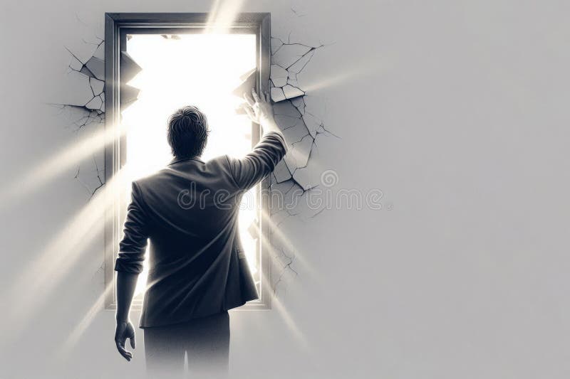 A Person Opens a Bright Portal in the Wall. Space for Text. Stock Photo ...