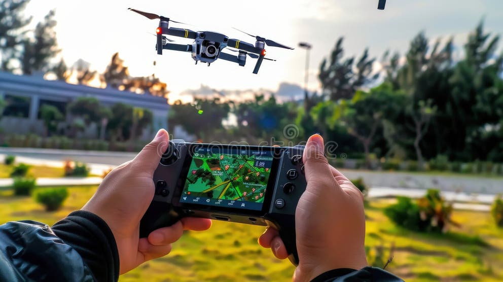 Person Controlling a Drone Over a Green Outdoor Area with Hands on ...