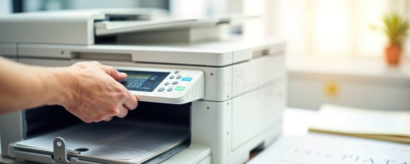 Person Operates Modern Office Photocopier. Person Using Tech Equipment ...