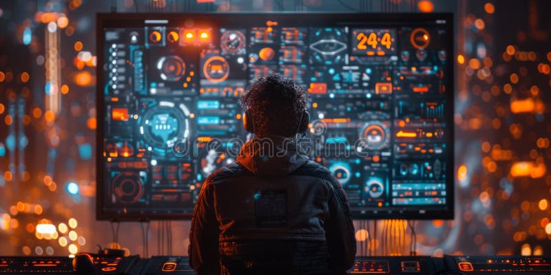 Person Operating a High-tech Control Panel with Multiple Glowing ...