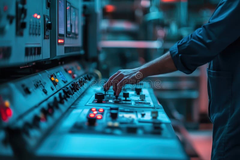 A Person Operating Industrial Control Panels in a Dimly Lit Environment Stock Illustration ...
