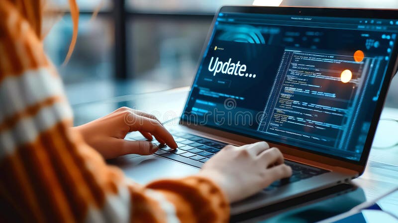 Person Operating Laptop with Updating System Progress on Screen ...