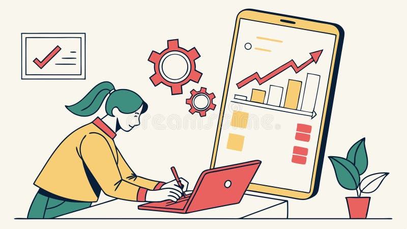 Person Optimizing Workflow on Laptop, Efficiency Gears, Vector Design ...