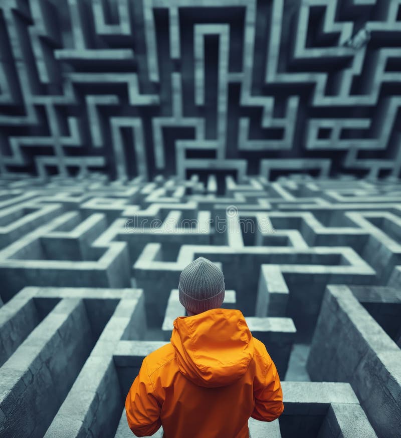 Person in Orange Jacket Navigating Complex Concrete Maze, Exploring ...