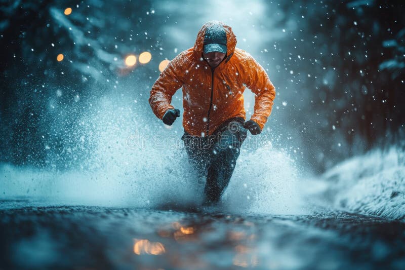 A Runner Splashes through a Snowy Path during a Winter Storm in a ...
