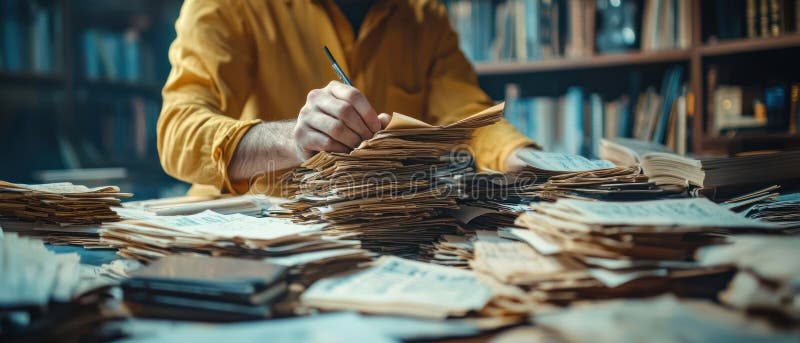 Person Organizes Financial Documents and Transaction Records in Library ...