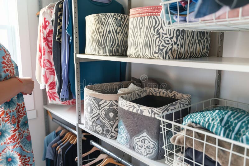 Person Organizing a Closet with Fabric Baskets on Shelves Stock Photo ...