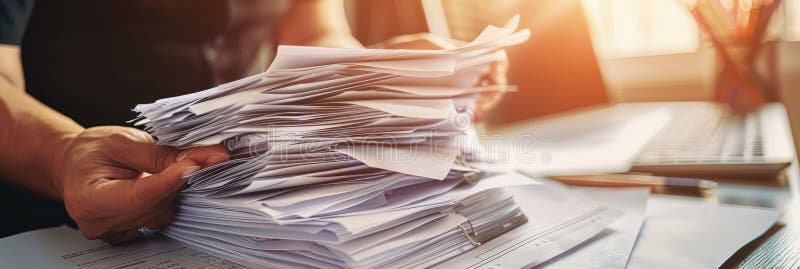 Person Organizing a Tall Stack of Papers on a Desk in a Bright Office ...