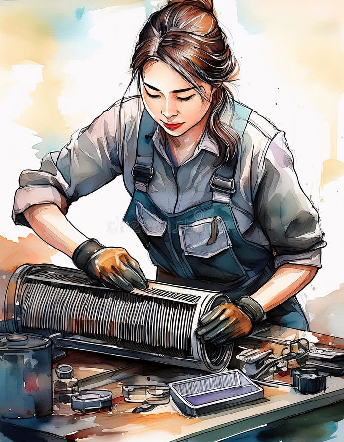 A Person in Overalls and Gloves Works on a Mechanical Component at a Workbench Stock ...