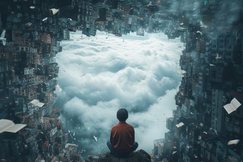 Person Overlooking Cityscape with Clouds and Flying Papers Stock Photo ...