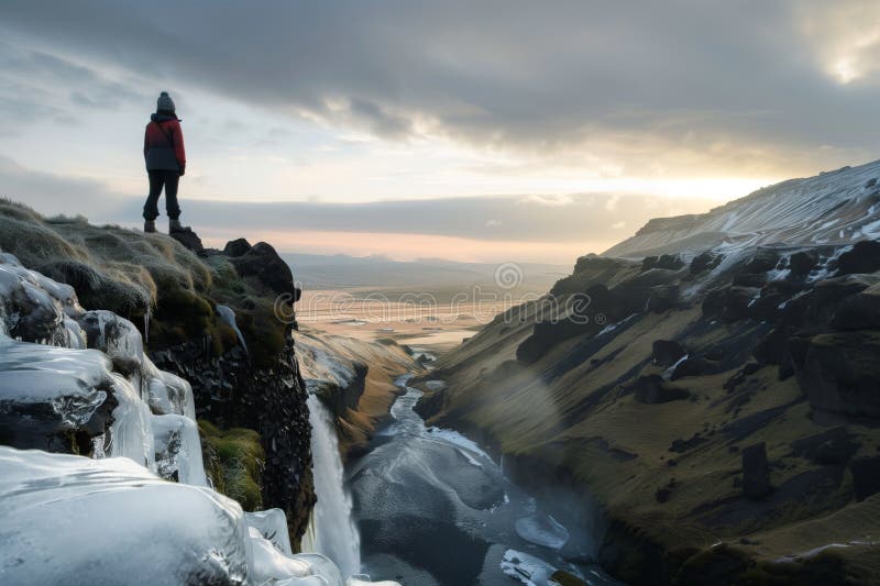 Person Overlooking a Valley from Atop Waterfall Ice Stock Photo - Image ...