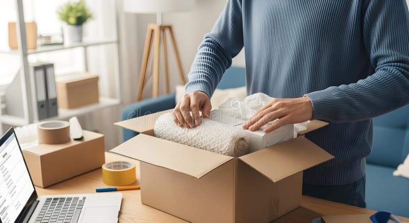 Person Packing Items into a Cardboard Box Using Bubble Wrap Stock ...