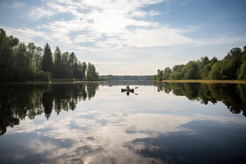 Person Paddling on Still Lake, with Peaceful Reflection Stock ...