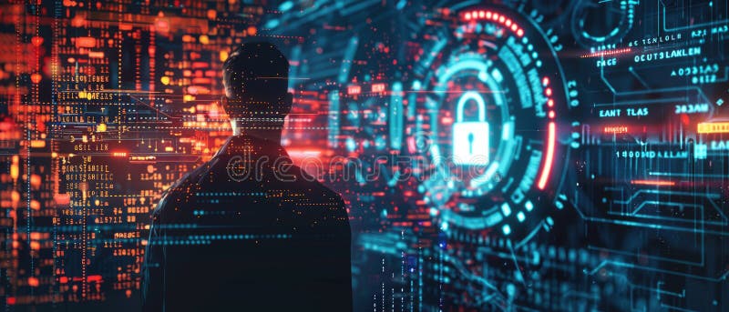 Person and Padlock in Dark Cyber World, Abstract Digital Data ...