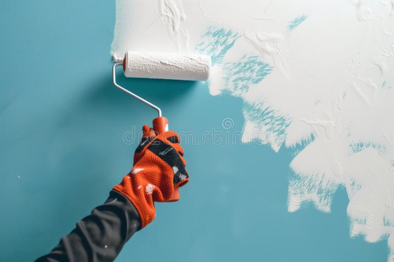 Person with Paint Roller Coating White Paint Over a Blue Wall Stock ...