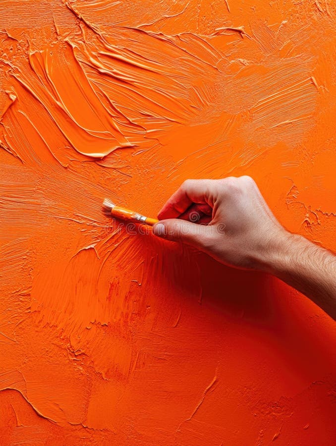 Painter at Work on Orange Wall Stock Photo - Image of brush, studio ...
