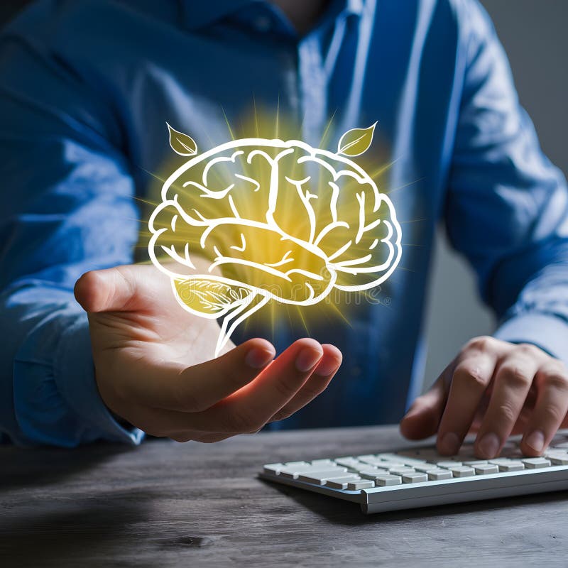 Person Holding Glowing Brain with Leaves, Keyboard, Contrasts Dark ...