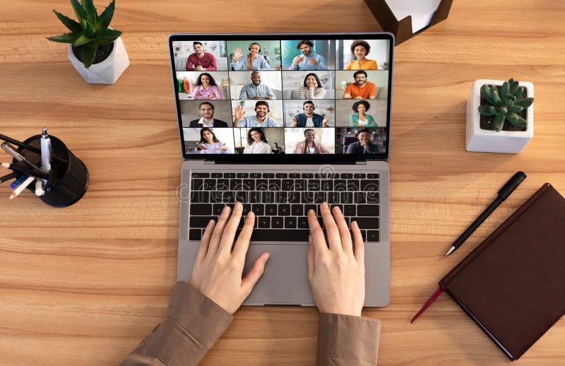 Person Participating in Virtual Meeting on Laptop Computer, Top View ...