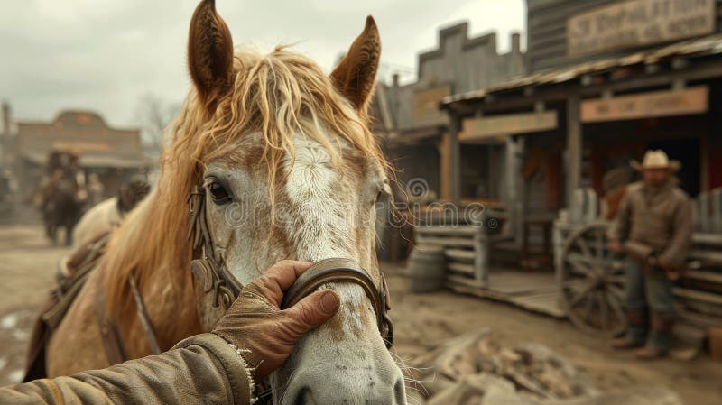 A Person Petting a Horse in an Old Western Town Setting. Stock Photo ...