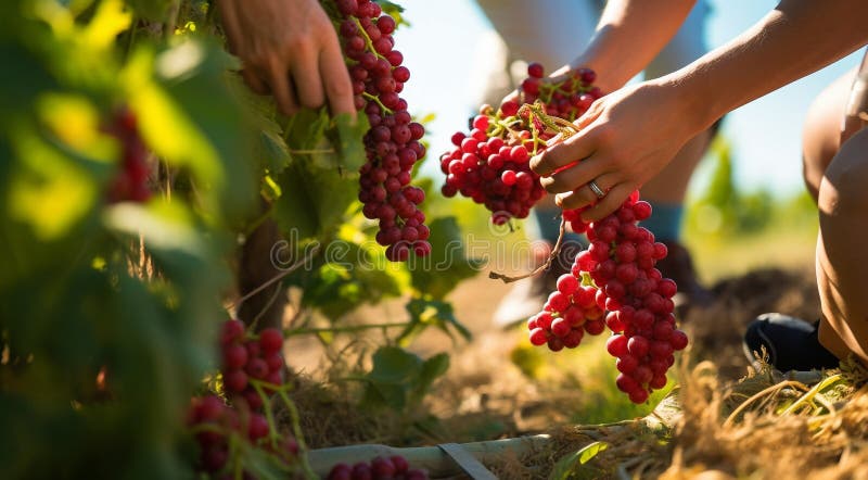 Person Picking Grapes in Vineyard, Close-up of Hand Picking Grapes ...