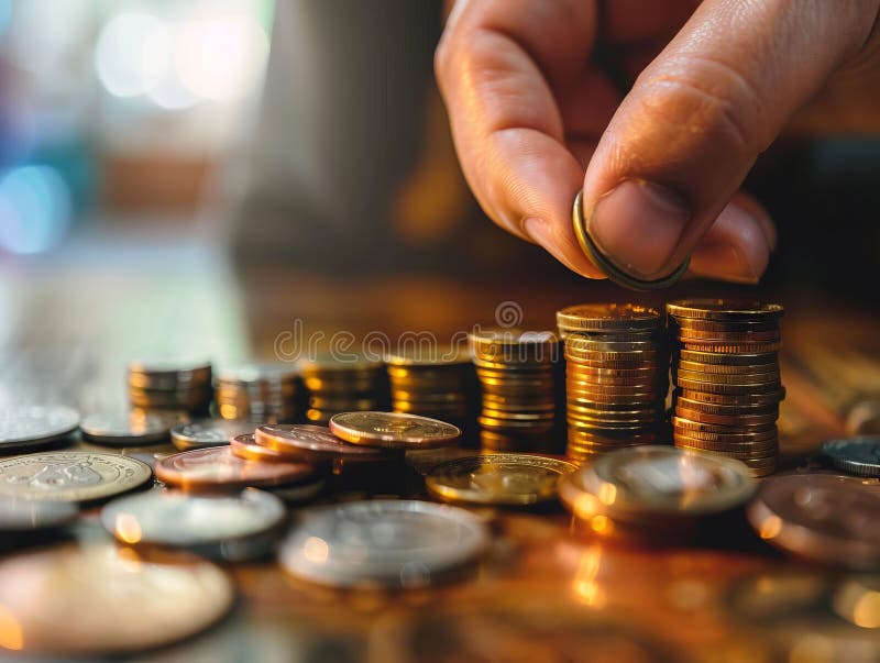 A Person is Placing Coins on Top of a Stack of Coins Stock Image ...