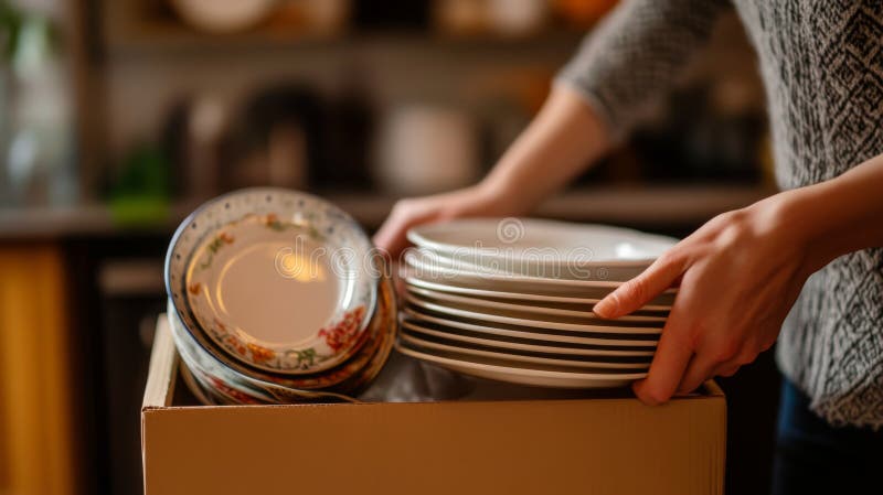 Person Placing Stack of Plates into Cardboard Box Stock Illustration ...