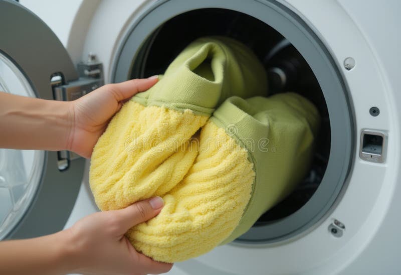 Person Placing Yellow Clothes into Washing Machine Stock Image - Image ...