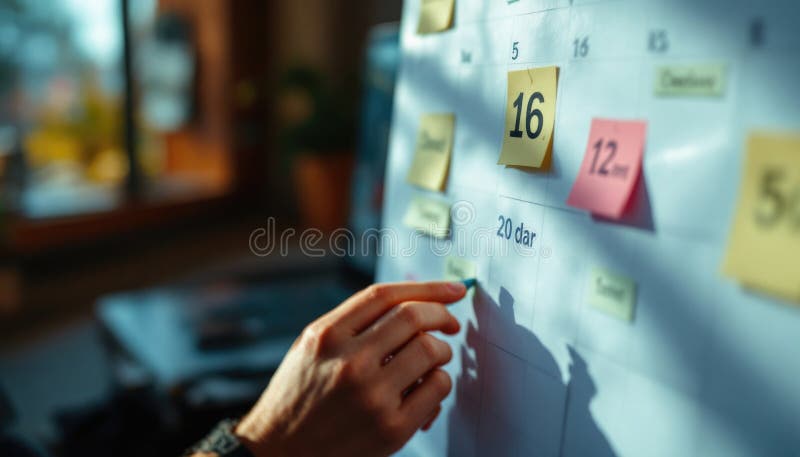 Person Planning Schedule on Whiteboard with Colorful Sticky Notes in ...