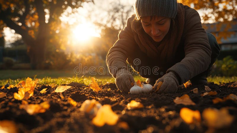Person Planting Bulbs in Fall Garden. Sunlight Highlights the Activity ...