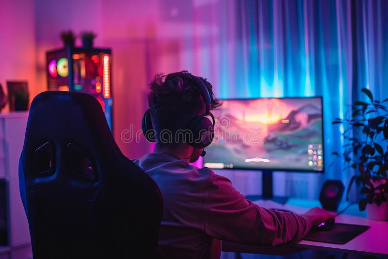Person Playing a Computer Game in a Dark Room with Bright Lighting ...