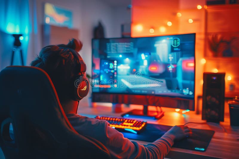 Person Playing a Computer Game in a Dark Room with Bright Lighting ...