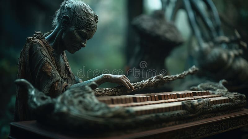 A Person Playing a Musical Instrument in a Forest with a Statue of a ...
