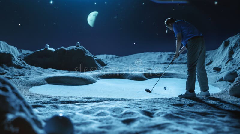 Person Plays Golf on a Moon-like Terrain Under a Starry Sky with a ...