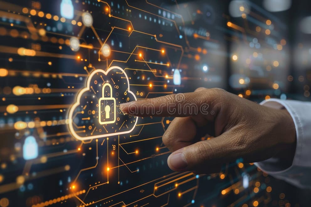 A Person is Pointing at a Blue Screen with a Lock Symbol on it Stock ...