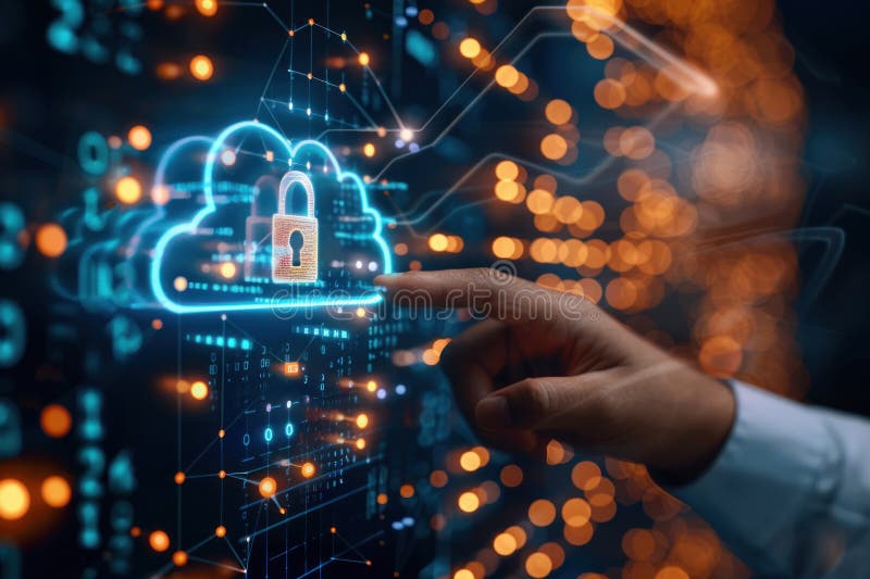 A Person is Pointing at a Blue Screen with a Lock Symbol on it Stock ...