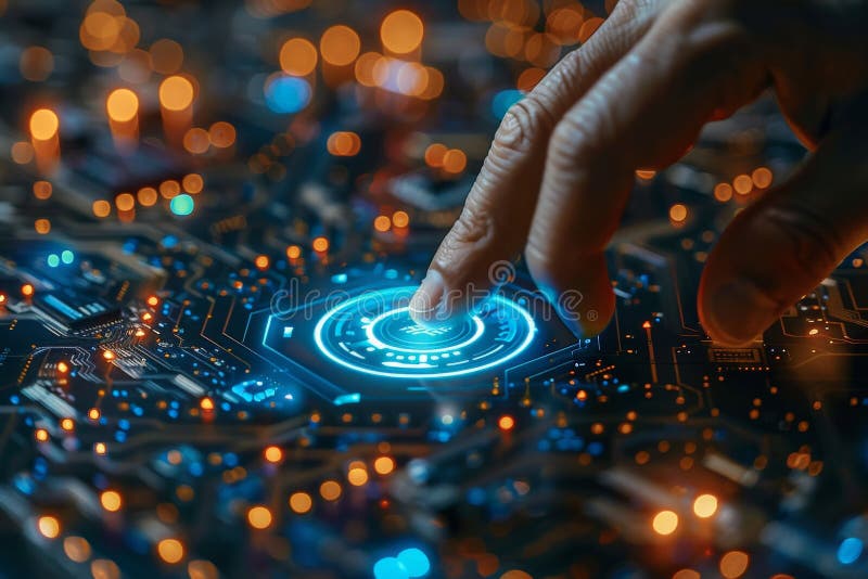 A Person Pointing at a Glowing Circle on a Computer Screen Stock ...